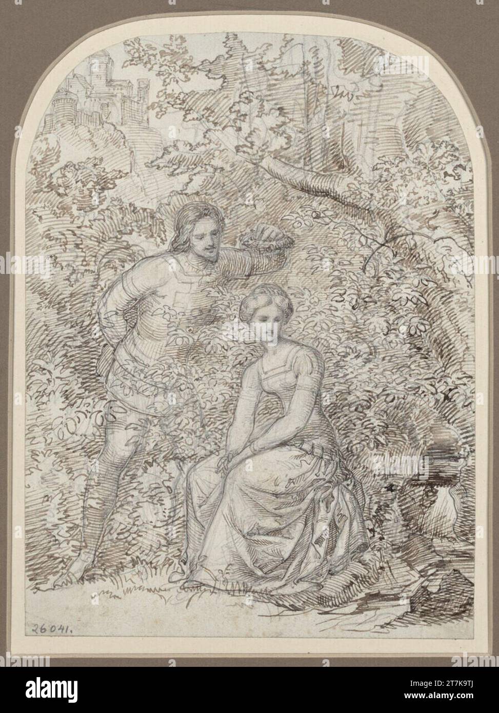 Ludwig Ferdinand Schnorr von Carolsfeld Knight crowns a lady. Pen in ...