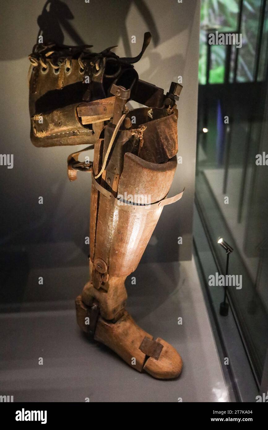 Wooden Prosthetic leg on display at Imperial War Museum, London Stock ...
