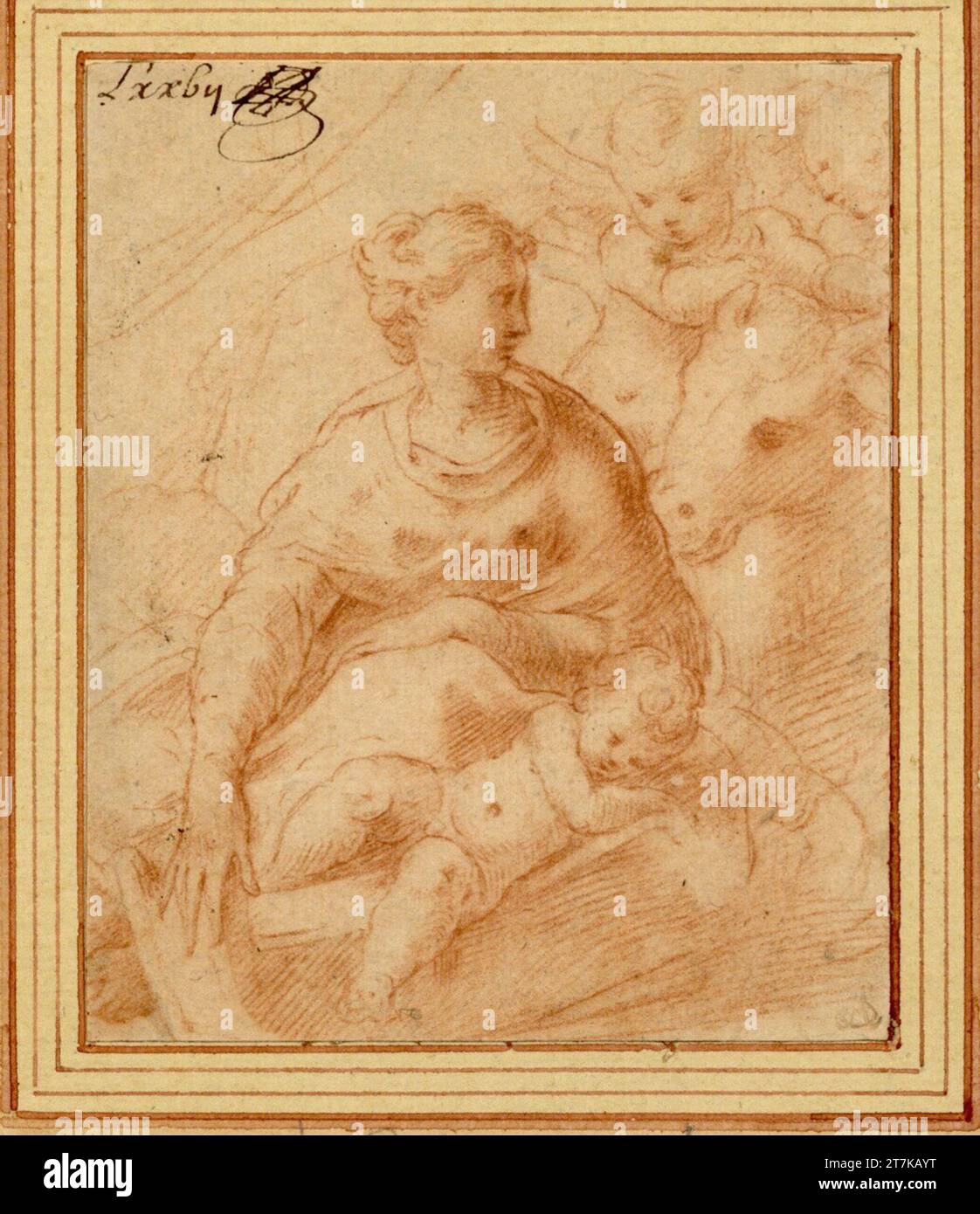 Anonym Maria with the child; On the right the heads of two animals and ...