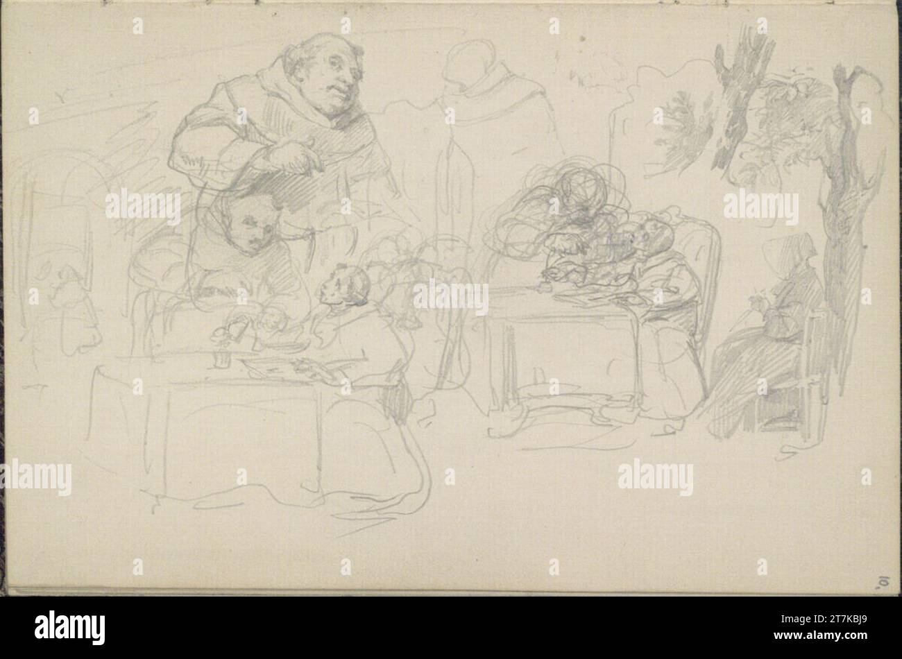 Josef Danhauser Several sketches, including a monk and a knitting woman ...