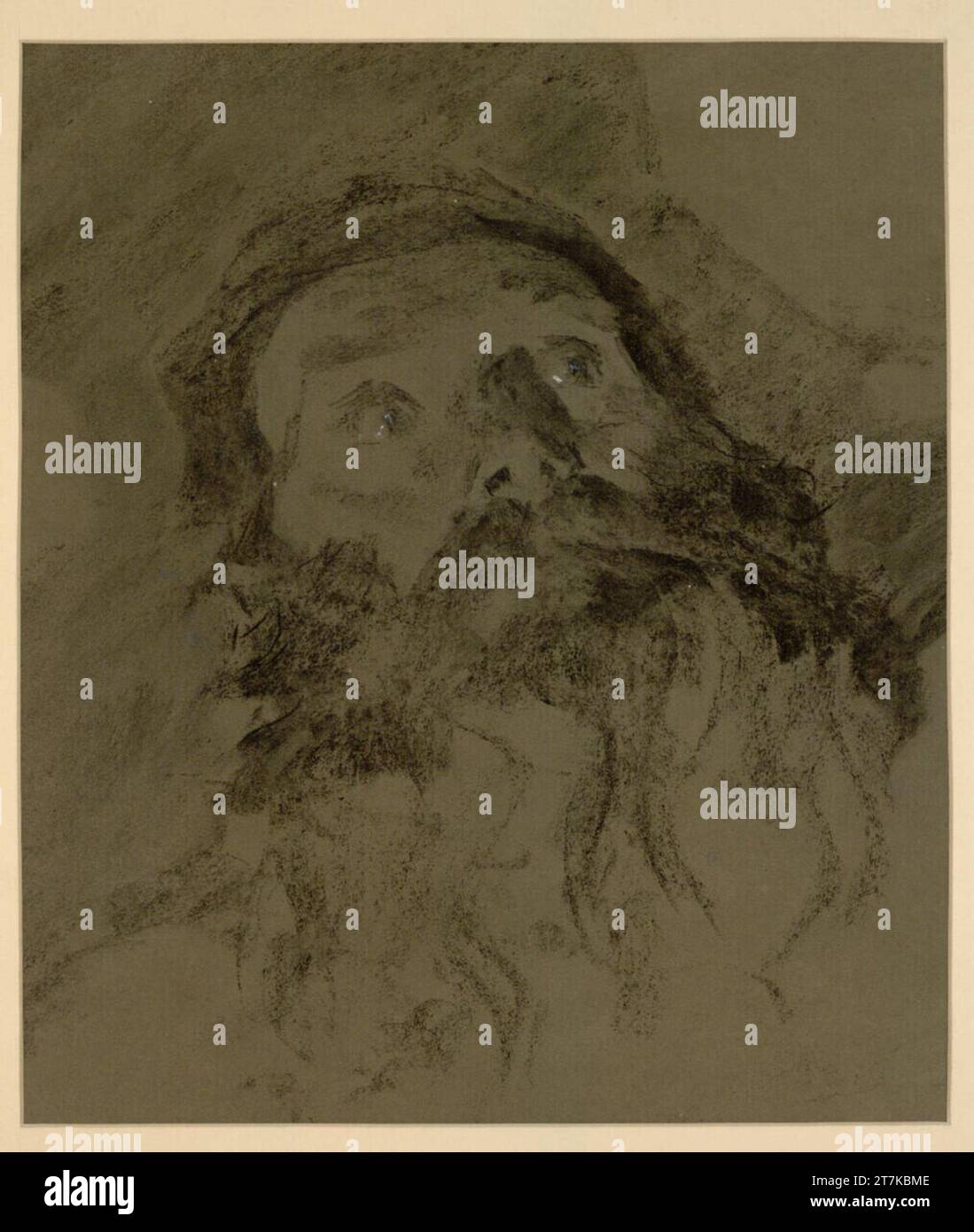 Alois Delug Male head study. Coal lavated, white heighted on brown ...