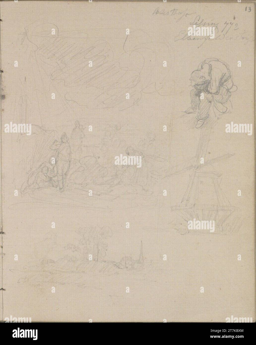 Josef Danhauser Figural composition sketch; Landscape sketch; Sketch of a windmill; Croucher ...