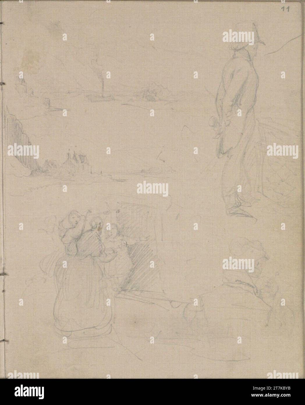 Josef Danhauser Mountain landscape with architecture sketches; Sketch of two women with a child ...