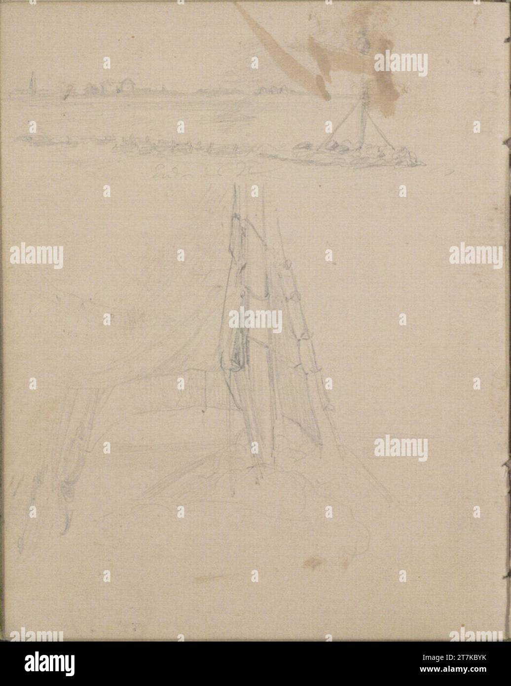 Josef Danhauser Landscape sketch with architecture; Sketch of a sail with rigging. Pencil 1842 ...