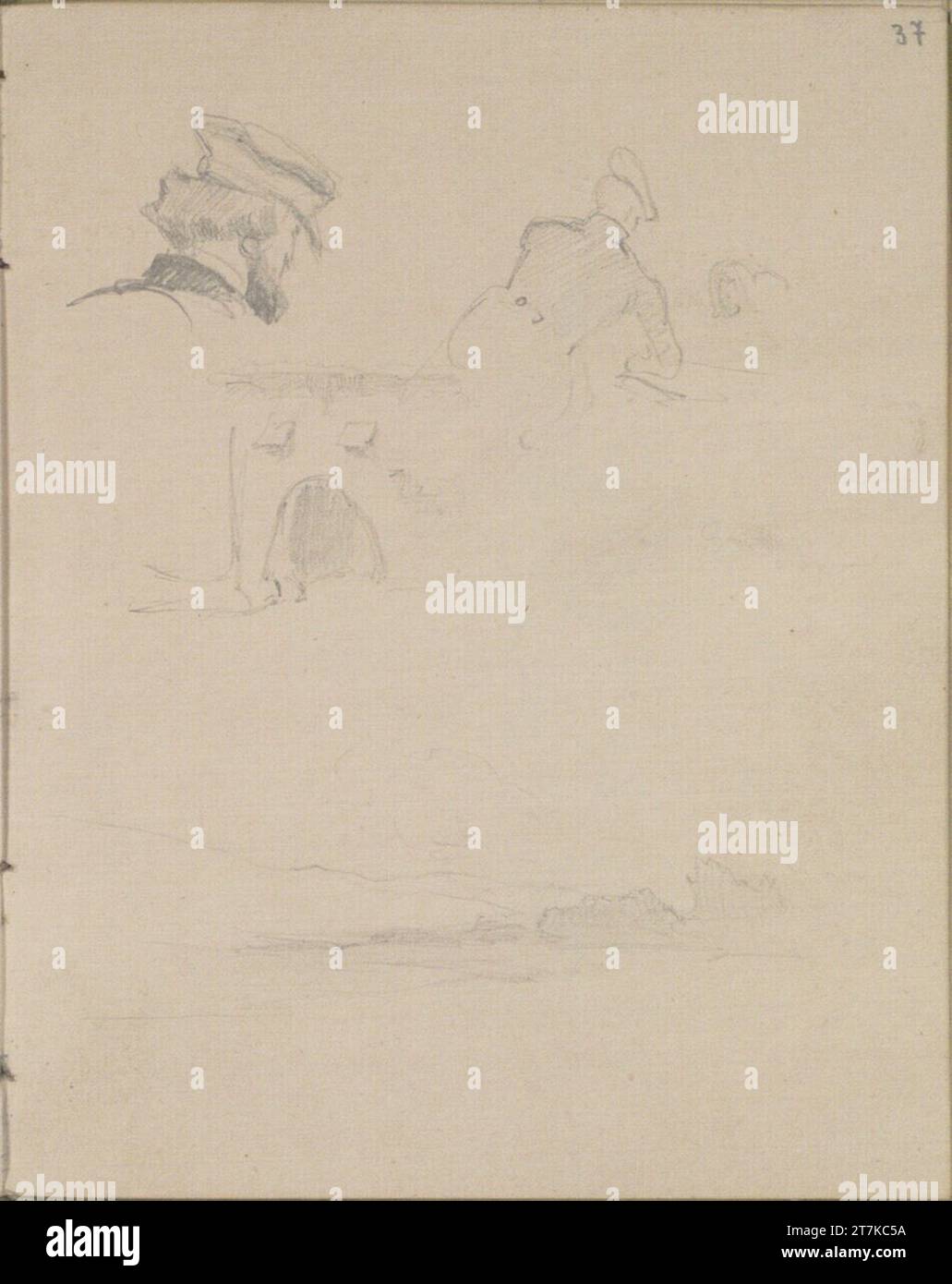 Josef Danhauser Delicate landscape sketch; Sketch of a wall with gate; Head sketch of a man with ...