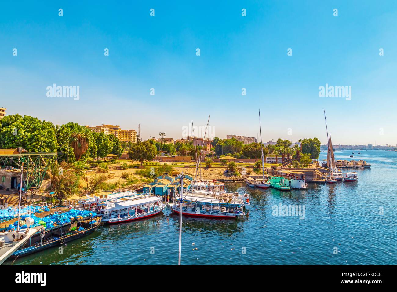 View of the Aswan waterfront from the Nile River. Aswan, Egypt ...