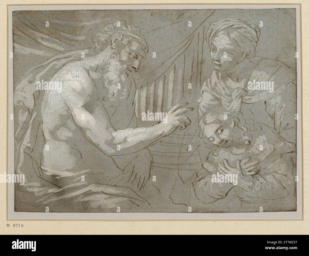 Johann Carl Loth Isaak Signed Jacob. Feder with ink, laved, deck white on blue natural paper ...