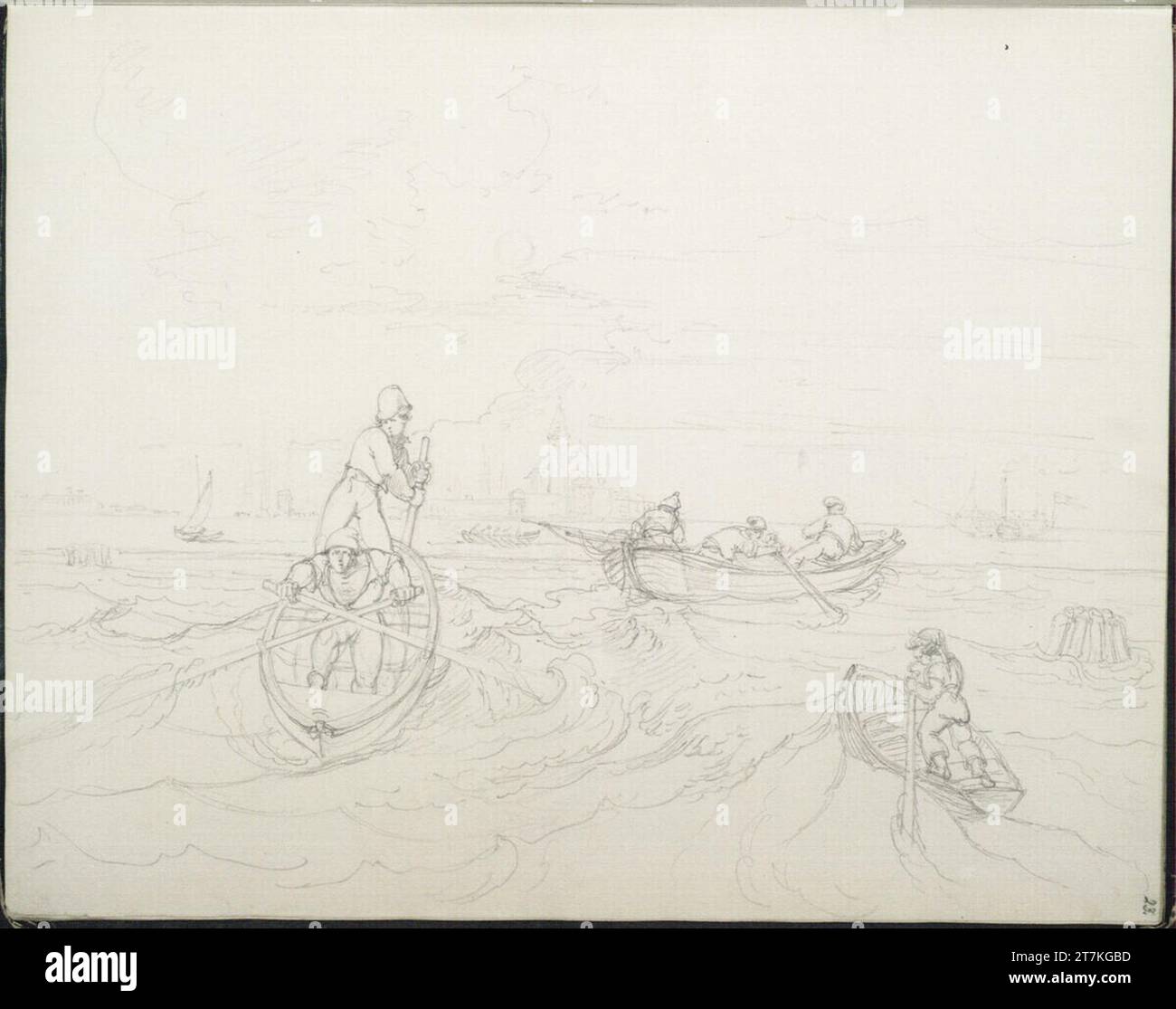 Peter Fendi Rowing trips at Musters See in front of Venice. Pencil ...