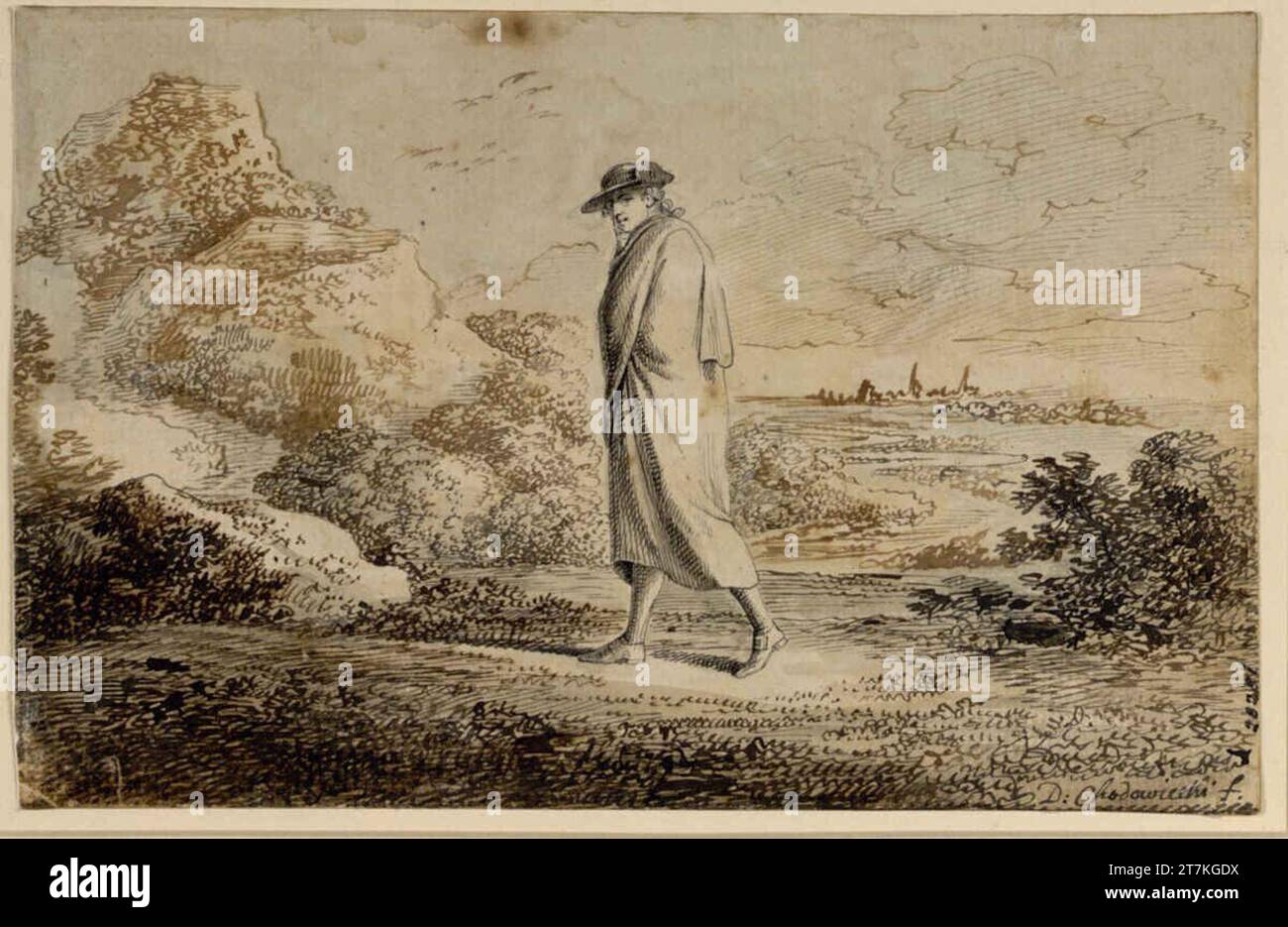 Daniel Nikolaus Chodowiecki Young man in hat and coat stranding through ...