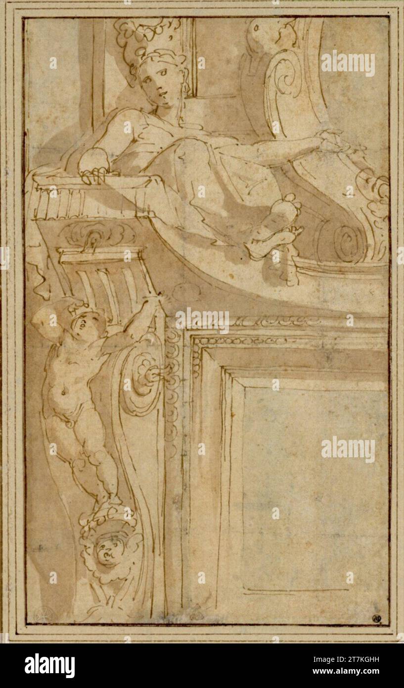 Antonio Campi Architecture detail with a female figure stretched on a ...