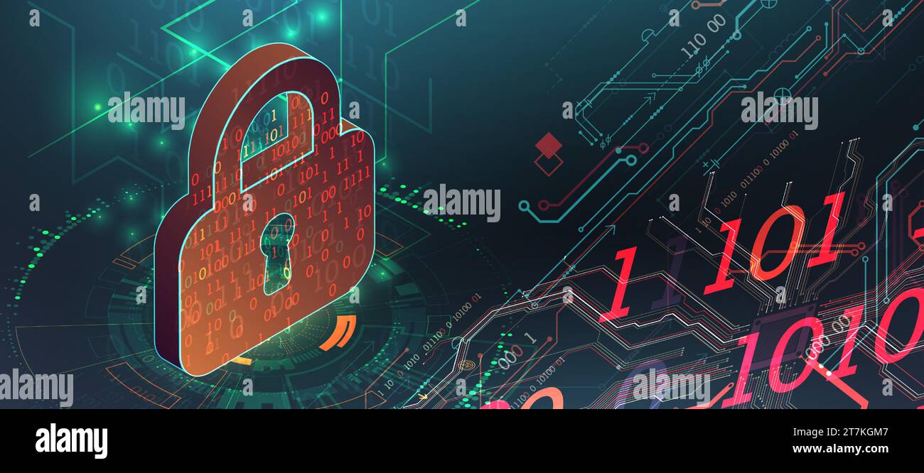 Cyber defense project. Padlock on a digital background. Hand drawn ...