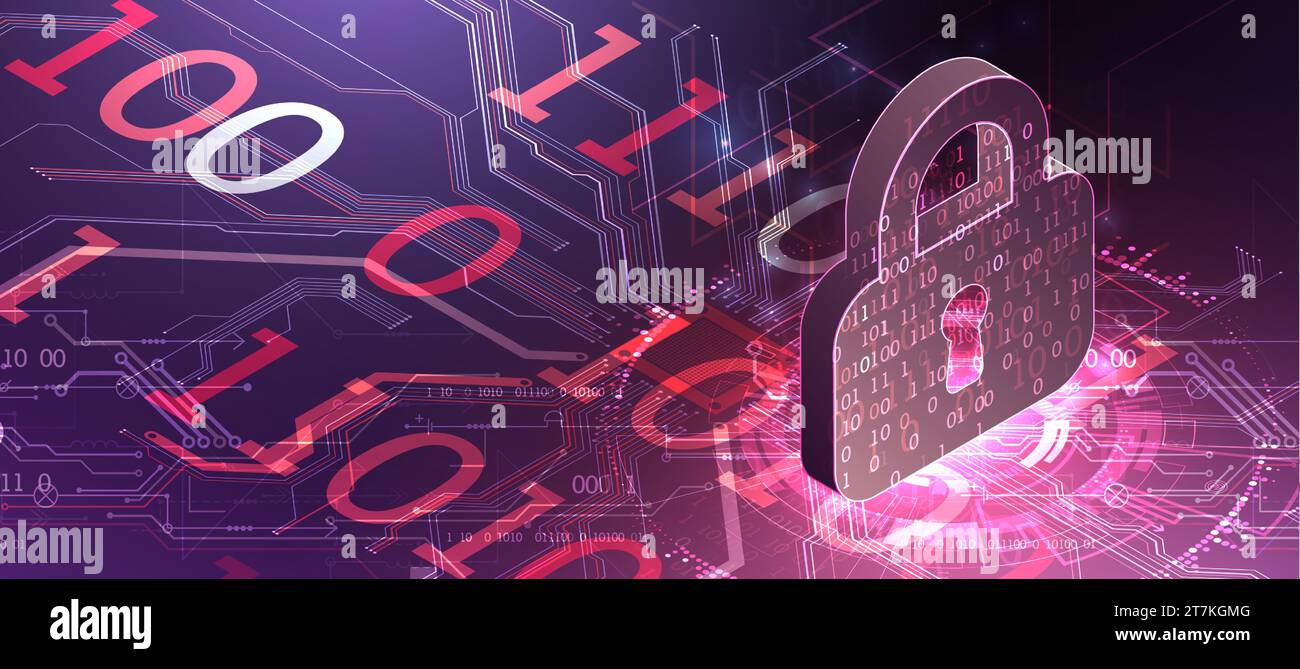 Cyber defense project. Padlock on a digital background. Hand drawn ...