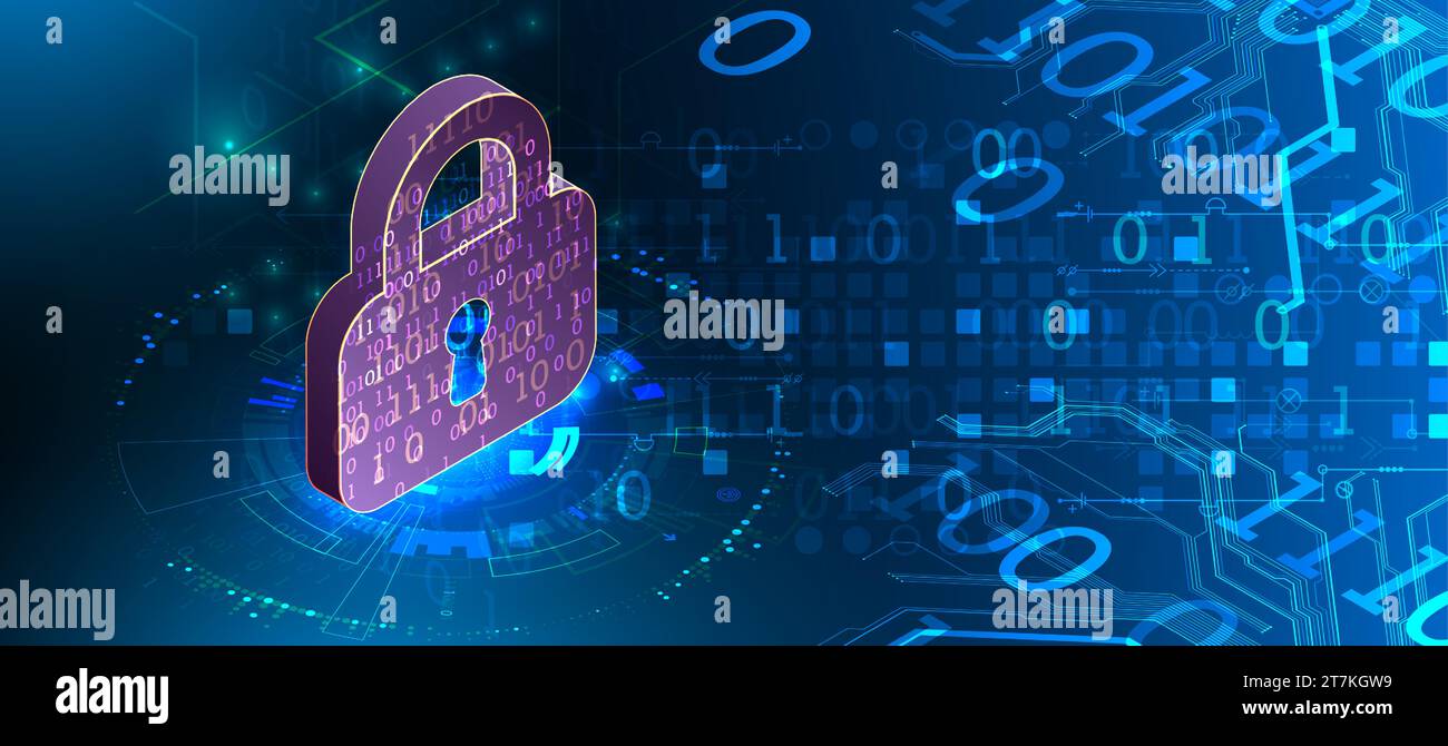 Cyber defense project. Padlock on a digital background. Hand drawn ...