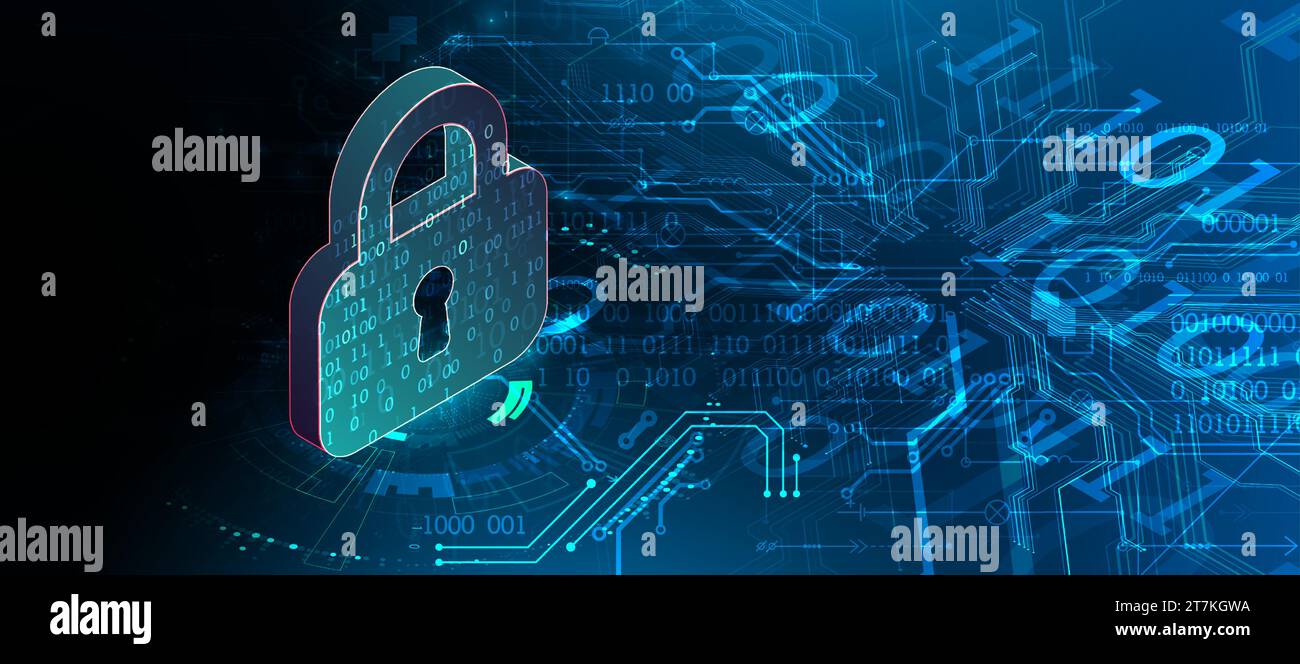 Cyber defense project. Padlock on a digital background. Hand drawn ...