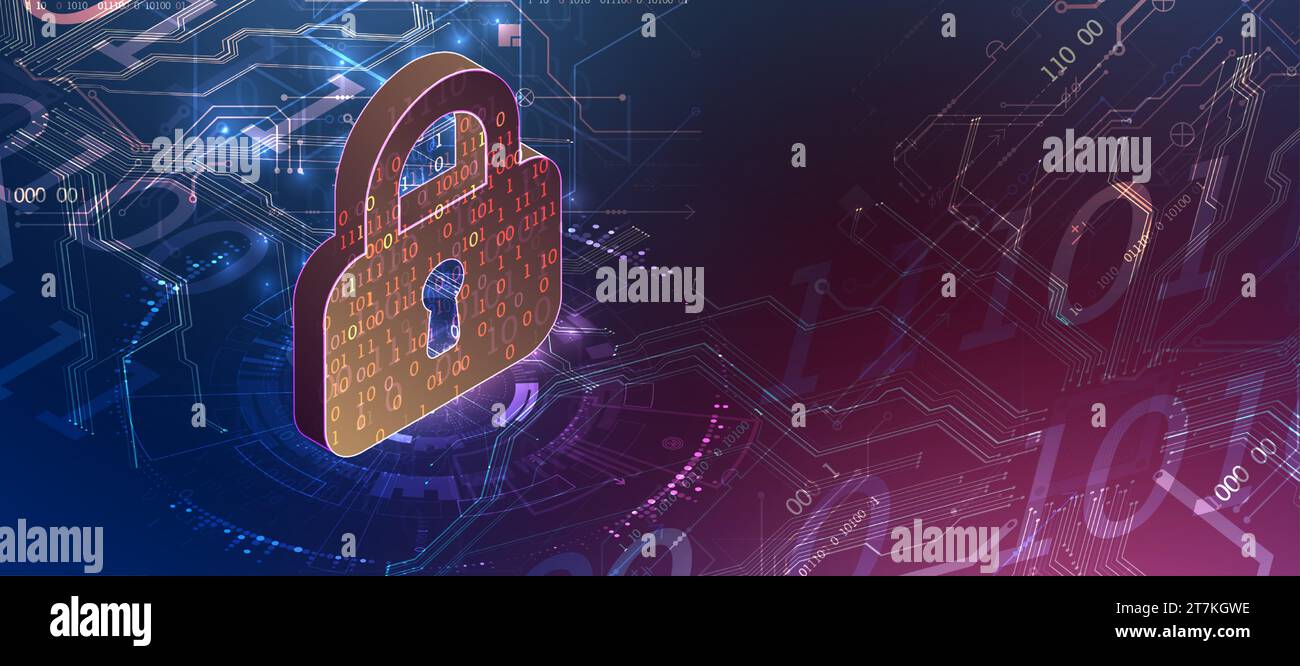 Cyber defense project. Padlock on a digital background. Hand drawn ...