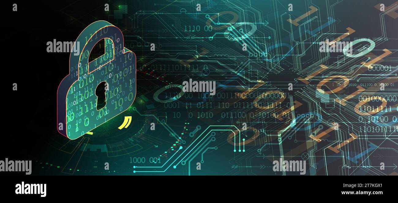 Cyber defense project. Padlock on a digital background. Hand drawn ...