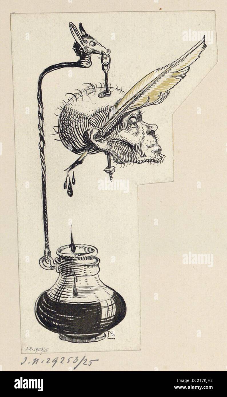 Léo Schnug Vignette: ink barrel with emaciated skull as a spring holder ...