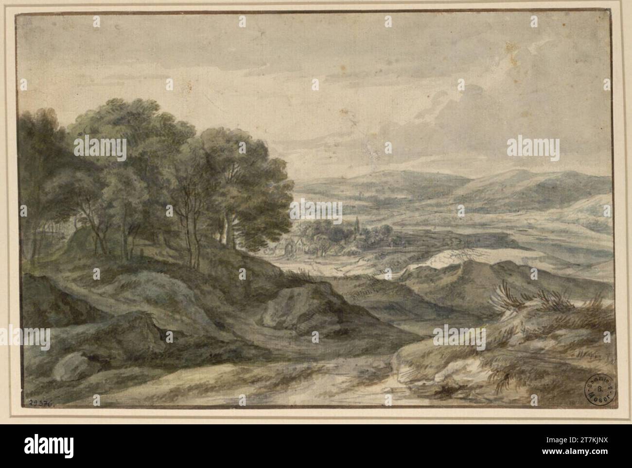 Jacques d' Arthois Hilly landscape with village and church tower. Black ...