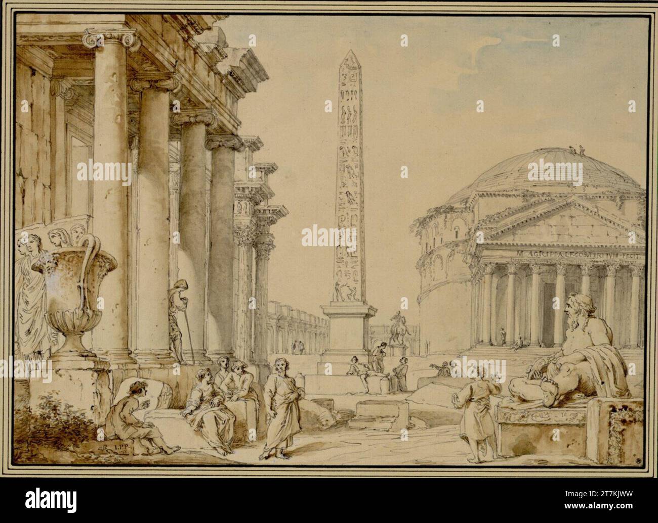 Giovanni Paolo Pannini Roman Vedute with a temple with ionic columns ...