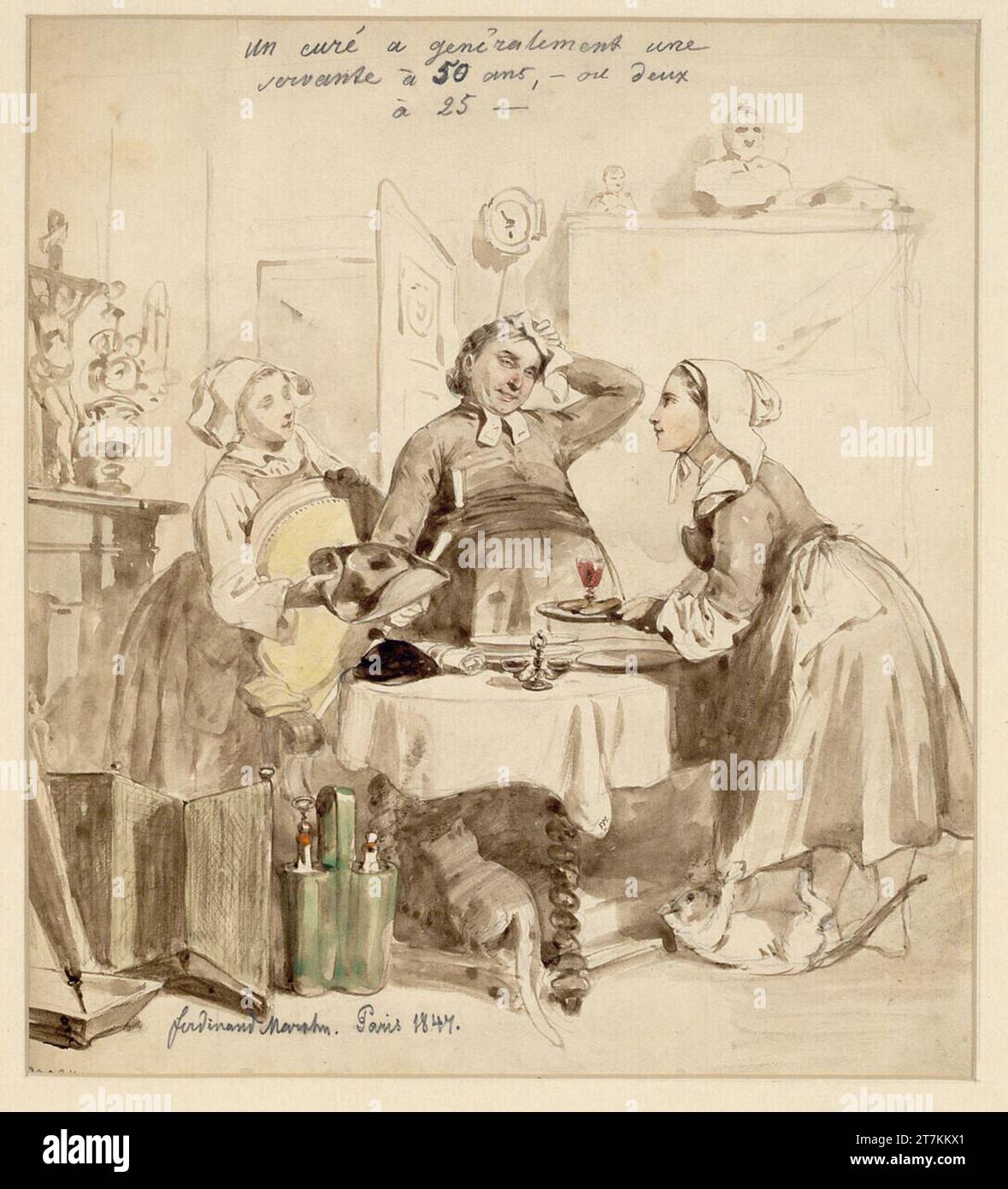 Ferdinand Marohn Humoristic scene: pastor with two young housemaids ...