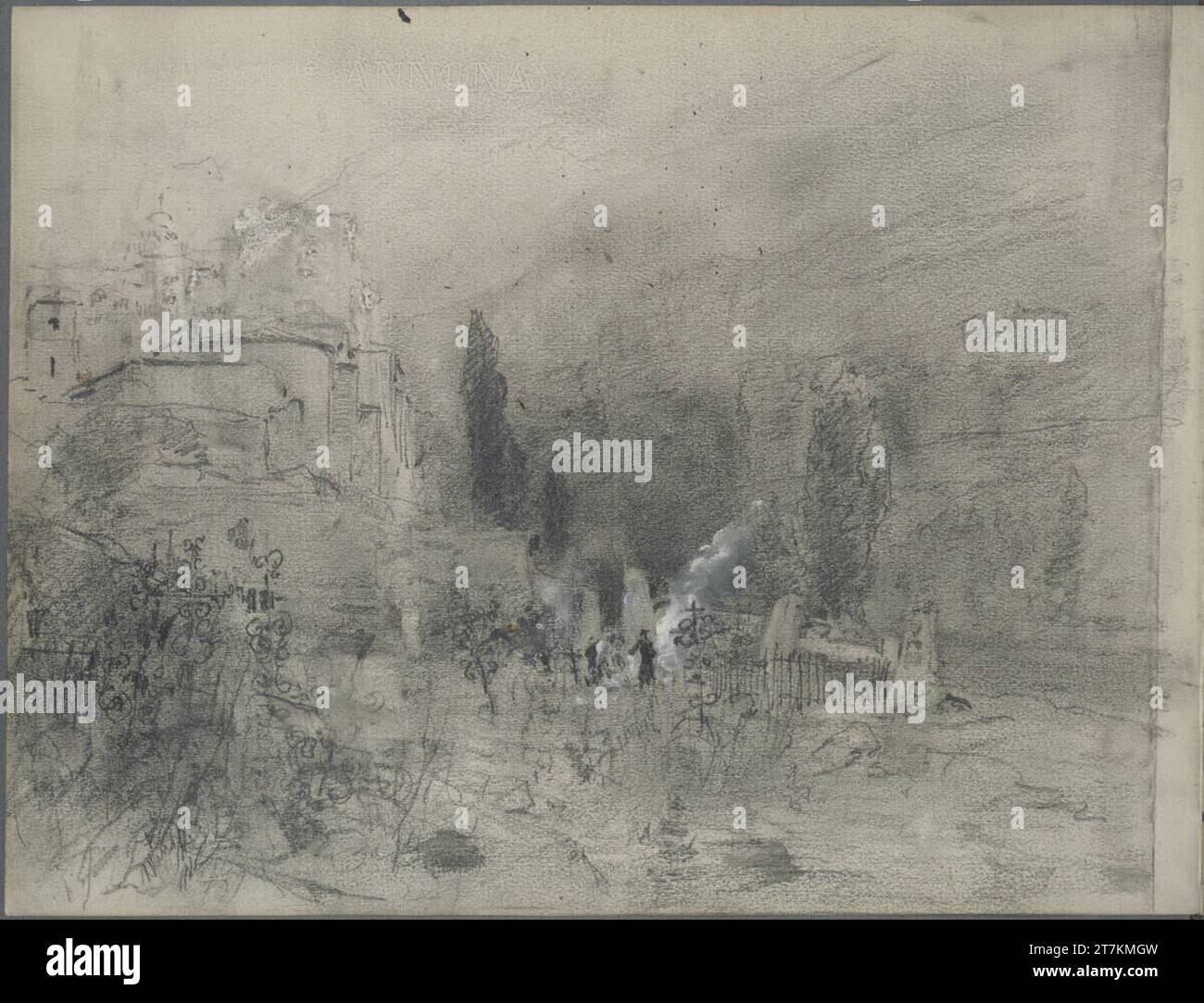 Ludwig Rösch City view with extensive cemetery And figures. Pencil ...