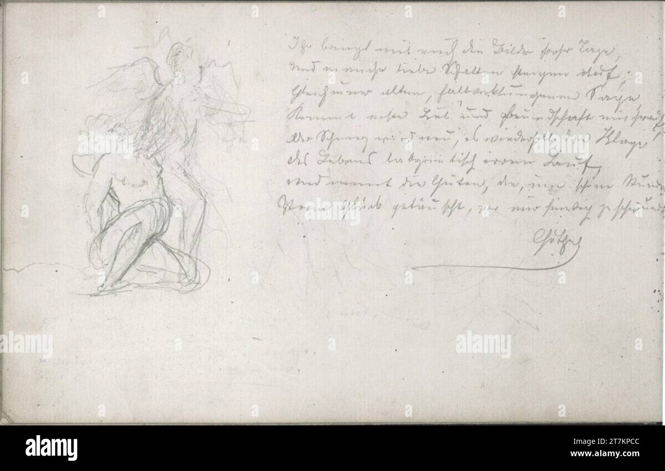 Emerich Alexius Swoboda Figure sketch with angel; Quote Goethe (Faust I ...