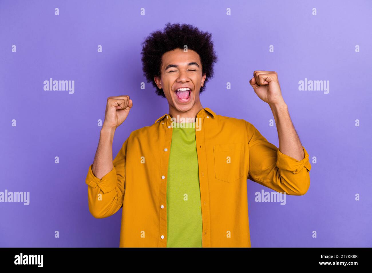 Photo of positive cheerful guy wear stylish clothes yelling shouting ...