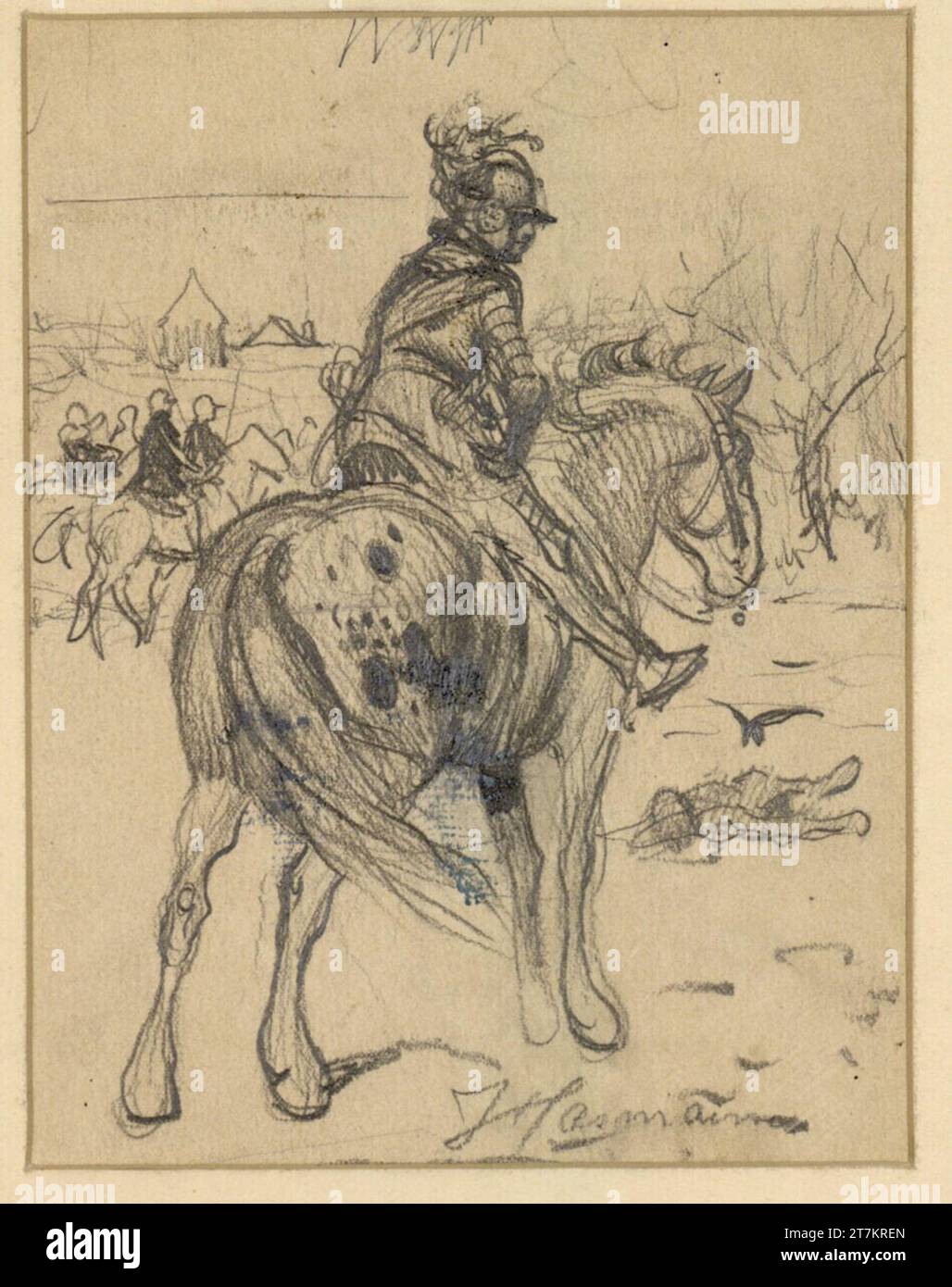 Joseph Haimann Harnish knights on horseback in a landscape. Pencil ...
