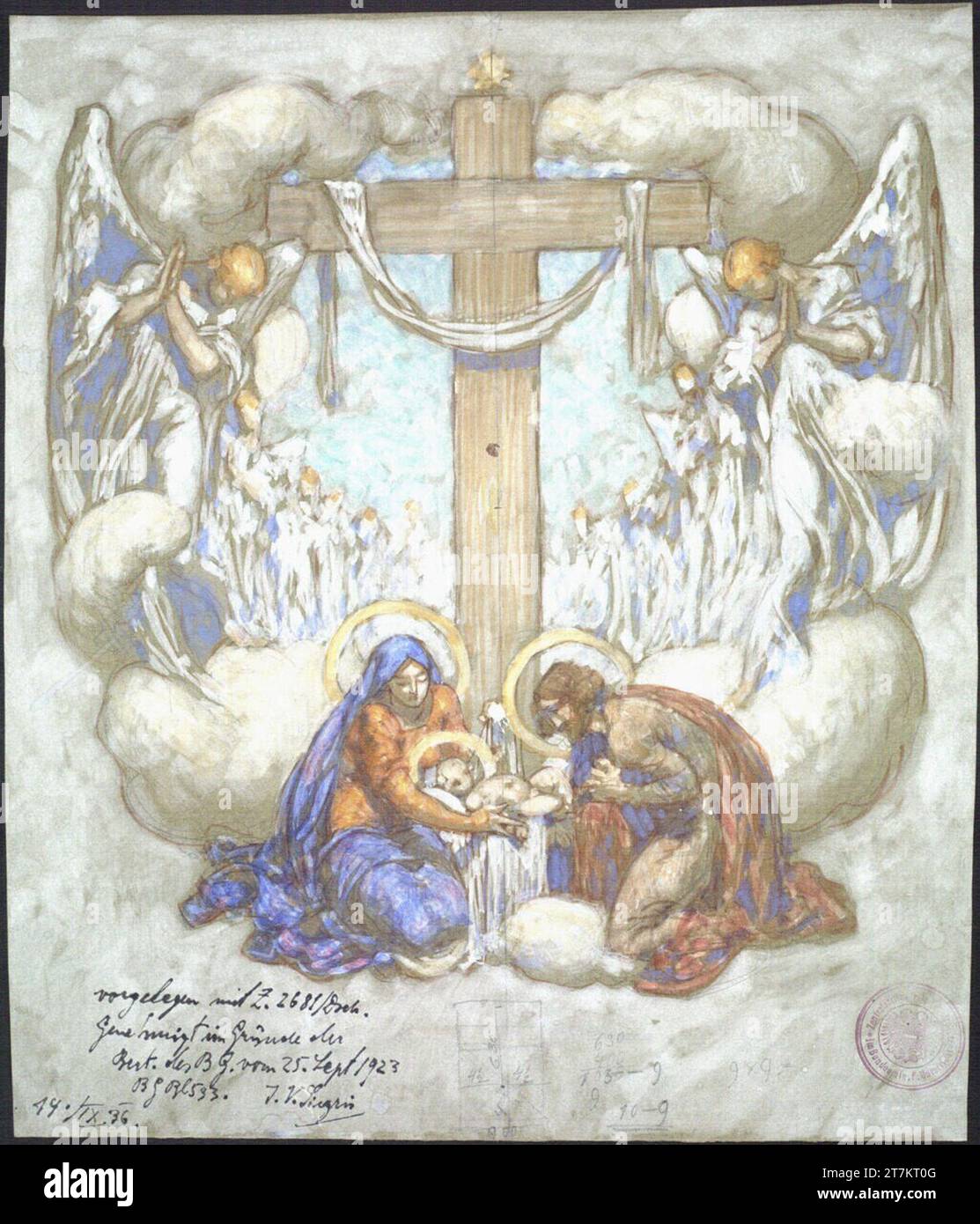 Alexander Rothaug Holy family under the cross, worshiped in clouds of ...