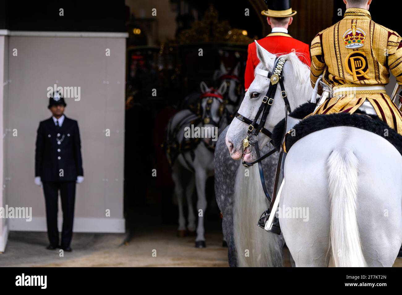 Household Cavalry mounted trumpeter in full ceremonial uniform with Charles III royal cypher at ...
