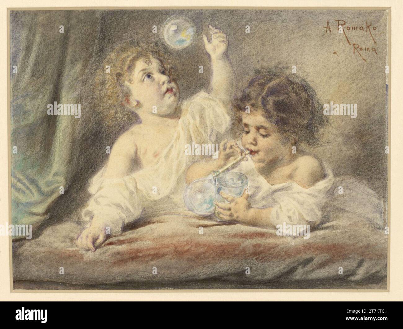 Anton Romako Two children playing with soap bubbles. Pencil, watercolor ...