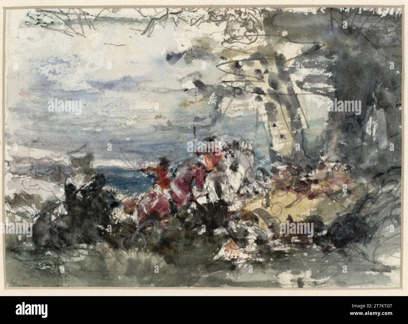 Friedrich Gauermann Forest landscape with parforce hunt. Watercolor ...