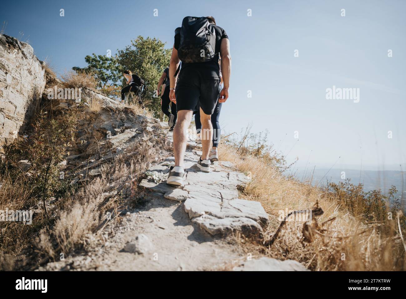 A group of young, athletic people enjoying a sunny day hiking through a ...