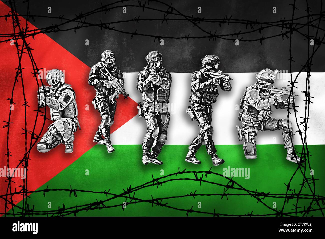 Grunge 3D illustration of Palestine flag girded by barb wire and ...