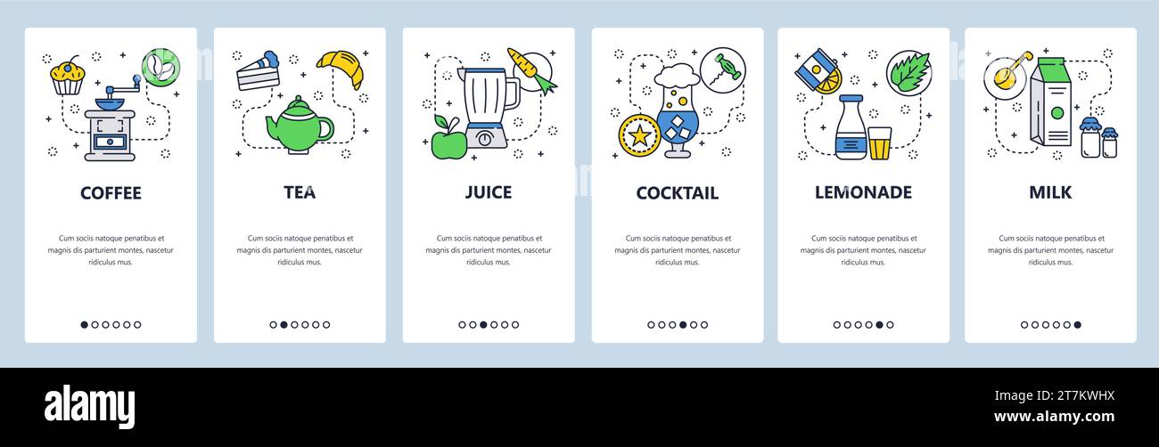 Mobile app onboarding screens. Drinks menu, coffee, tea, juice ...