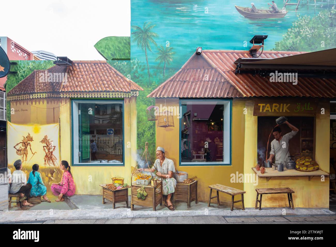Street art wall mural that shows the history and culture of Kampong Glam, painted by talented ...