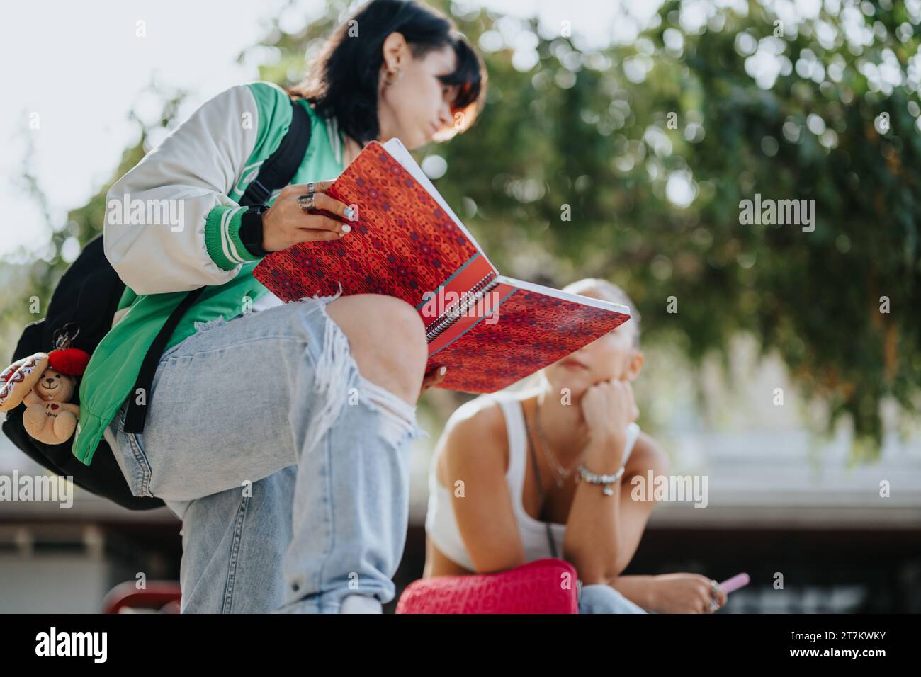 Two friends studying outdoors in the city, preparing for an exam ...