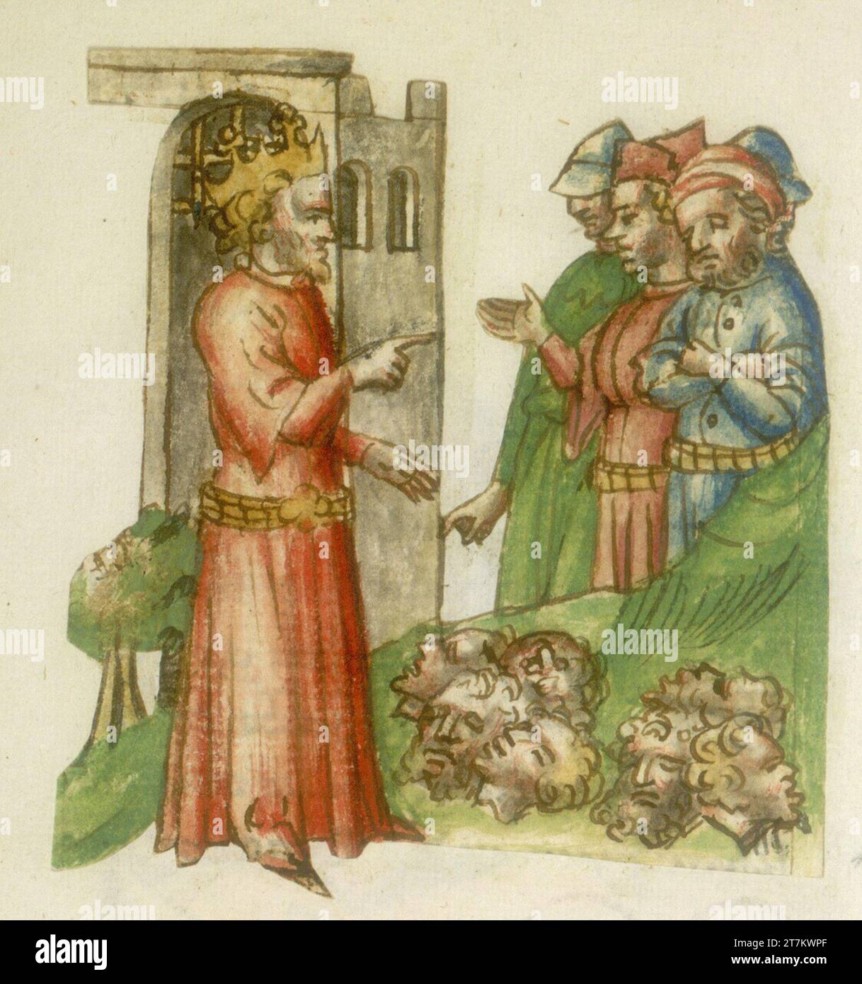 Anonym A king slain in front of his minds. Colored pen drawing 1420 ...