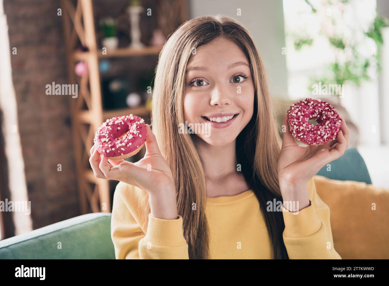 Portrait of cheerful funky caucasian teenage girl hold two donuts ...