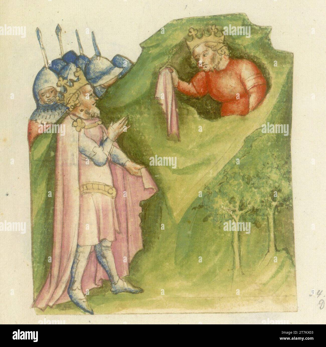 Anonym David and Saul on the cave of en Gedi. Colored pen drawing 1420 ...