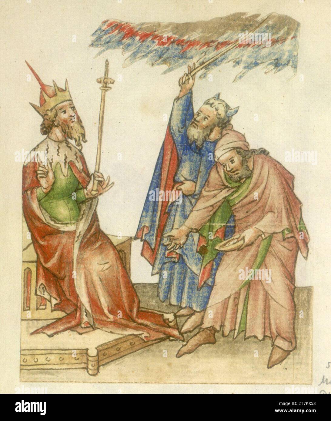 Anonym Moses and Aaron in front of the pharaoh. Colored pen drawing ...