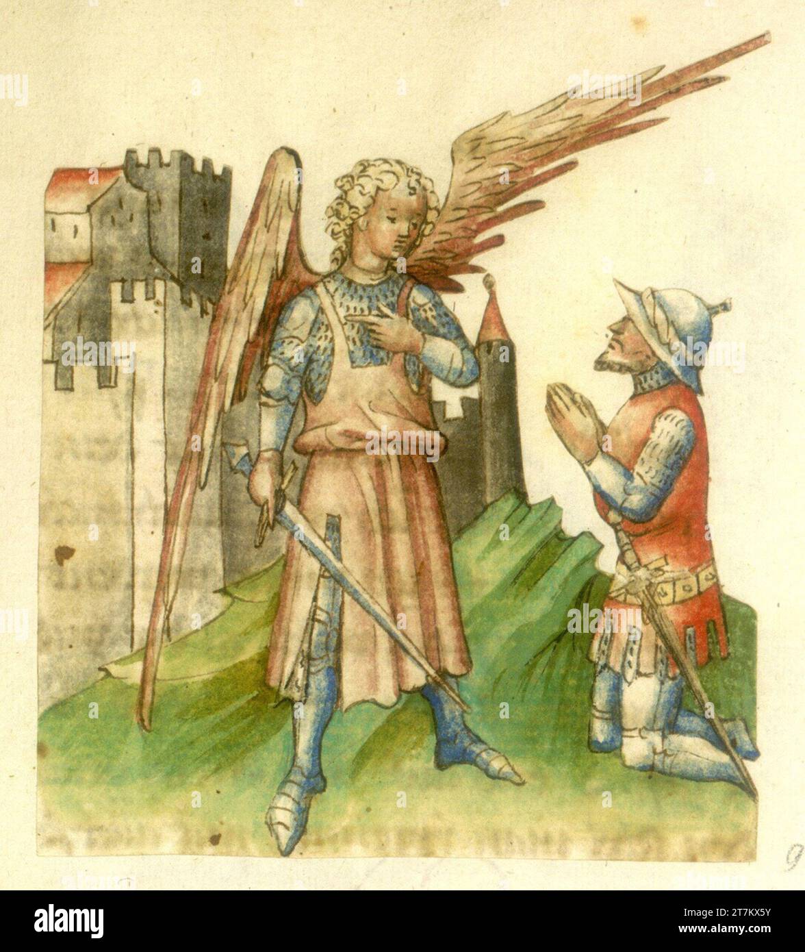 Anonym Scaffolded archangel in front of praying. Colored pen drawing ...