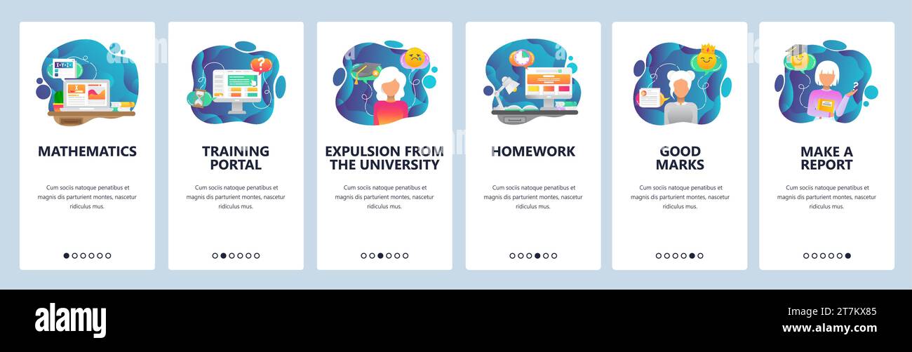 Mobile app onboarding screens. School and college education icons, math ...