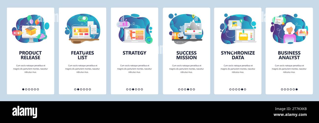 Mobile app onboarding screens. Business strategy, new product release ...
