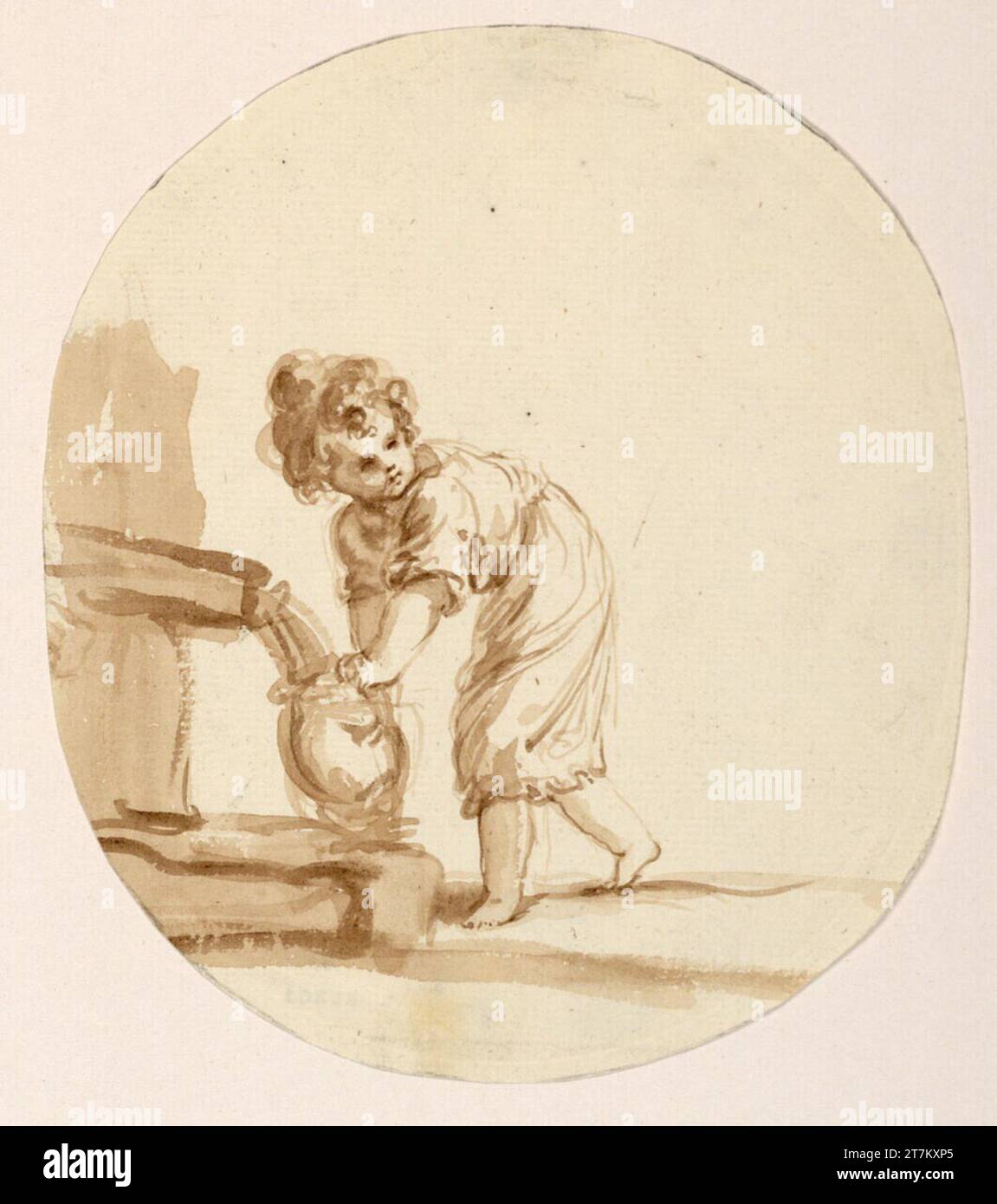 Franz Gareis Little girl with jug at a fountain. Brush in brown, laved ...