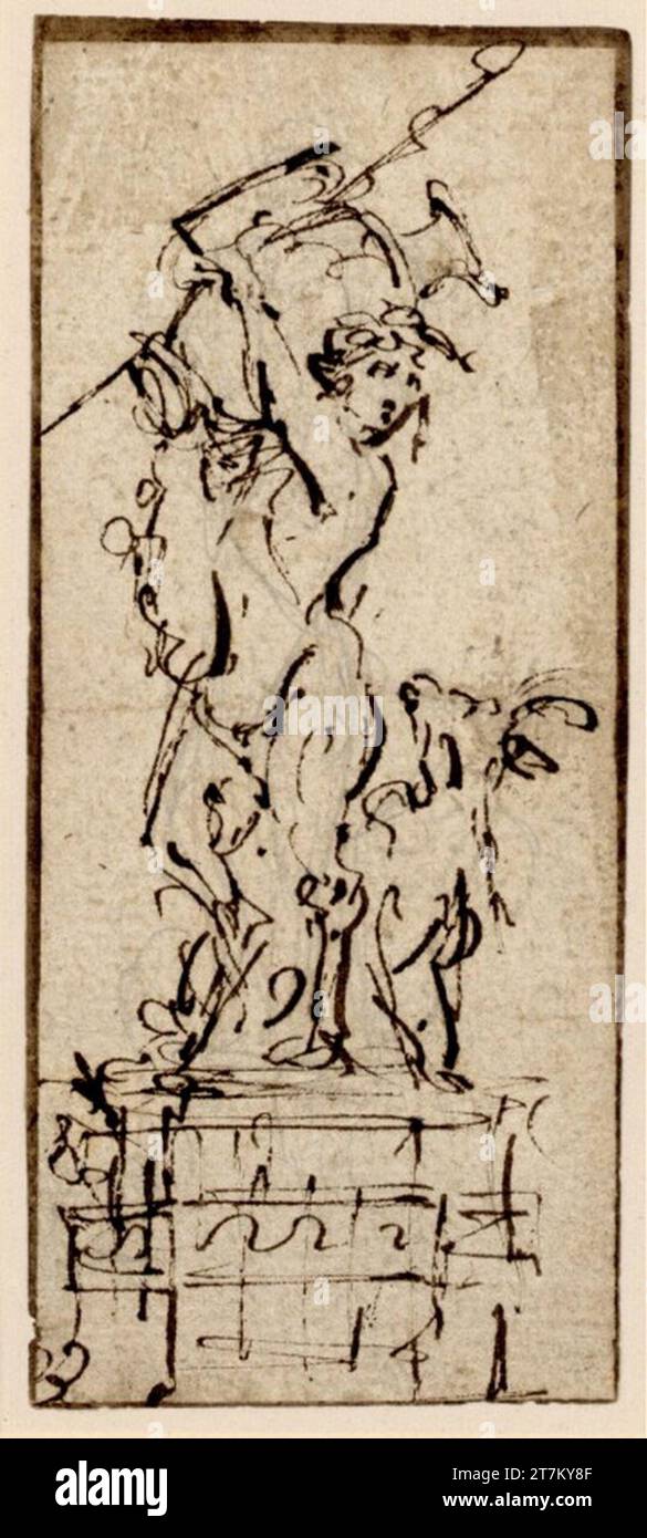 Christian Winck Satyr with wine jug and goat on a base. Feder in brown ...