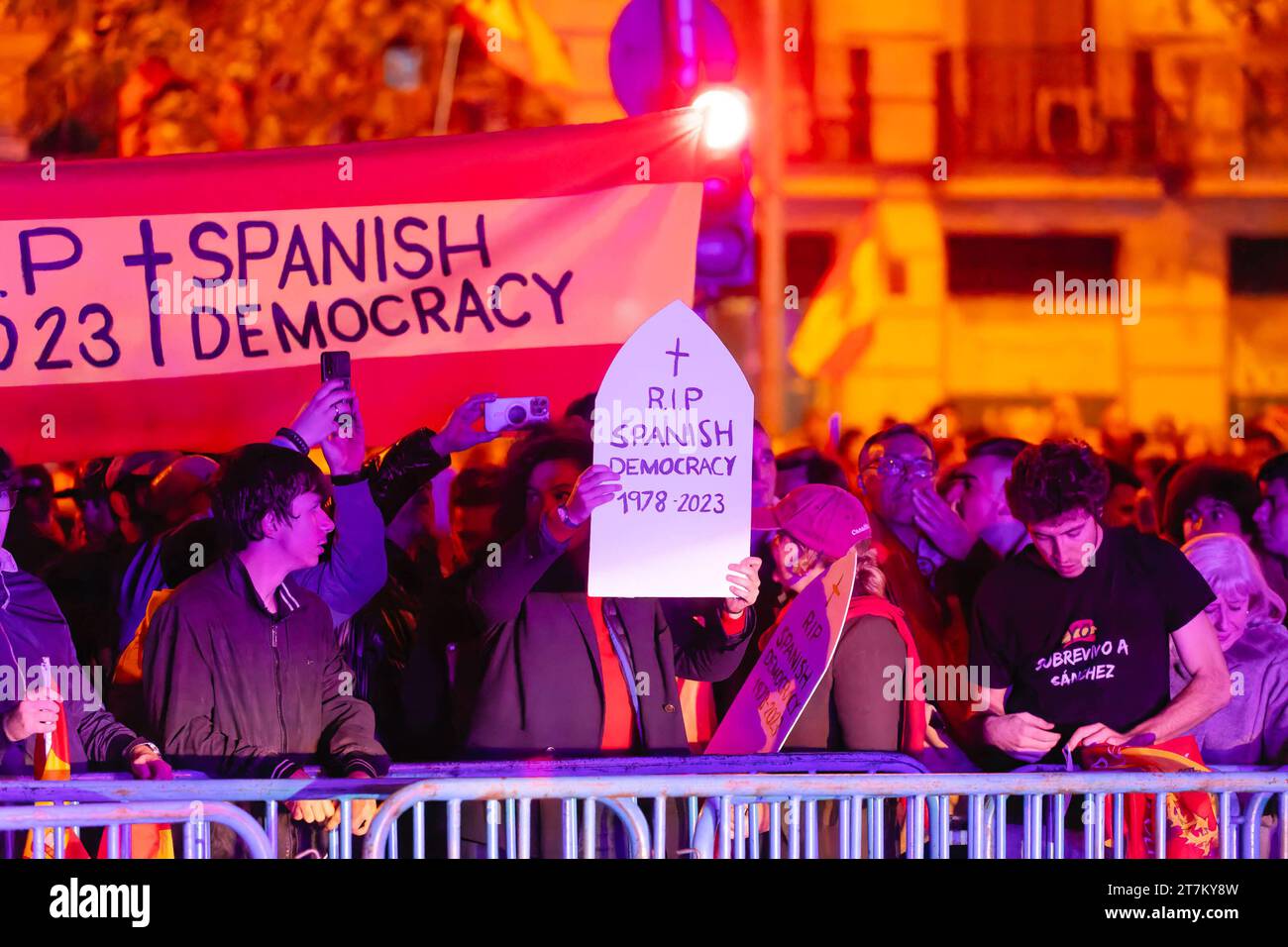 Madrid, Spain. 15th Nov, 2023. A protester holds a banner in the shape ...