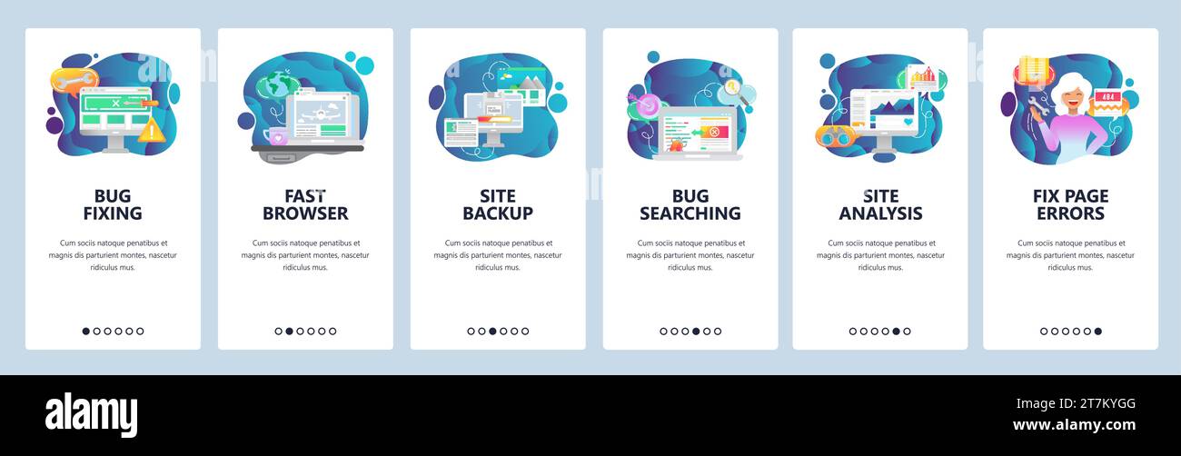 Mobile App Onboarding Screens Computer Bug Fixing And Testing Website Analysis Backup Menu