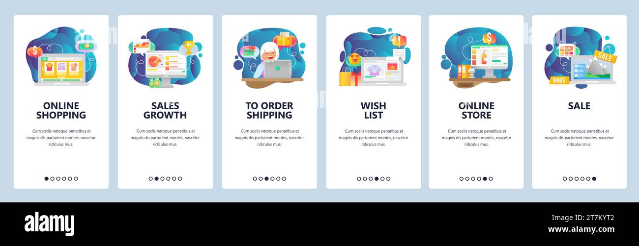 Mobile app onboarding screens. Online shopping, financial chart, wish ...