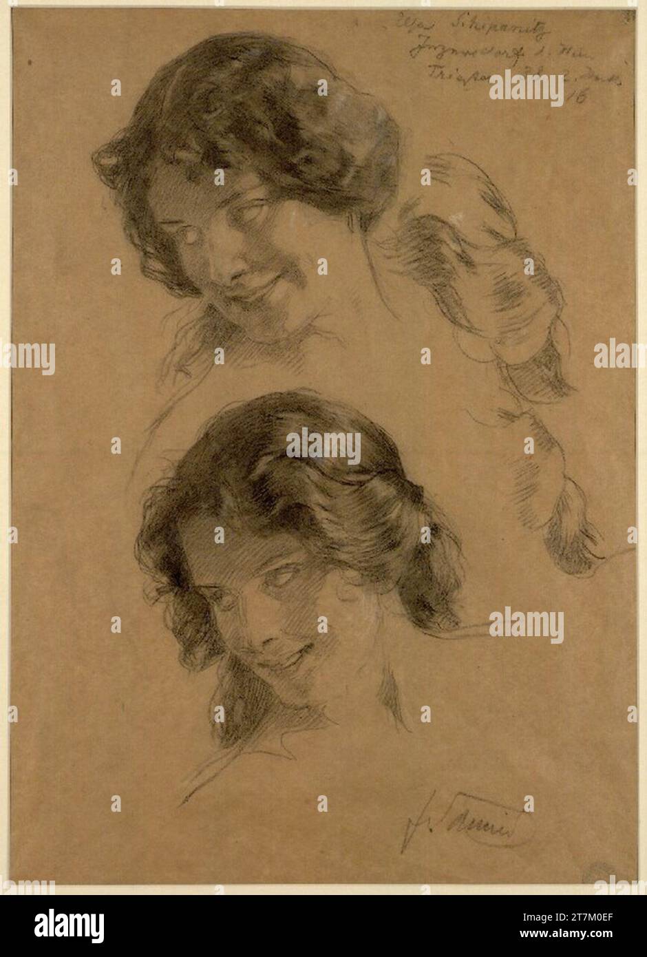 Julius Schmid Study sheet with 2 heads for the actress Anni Rainer, the ...